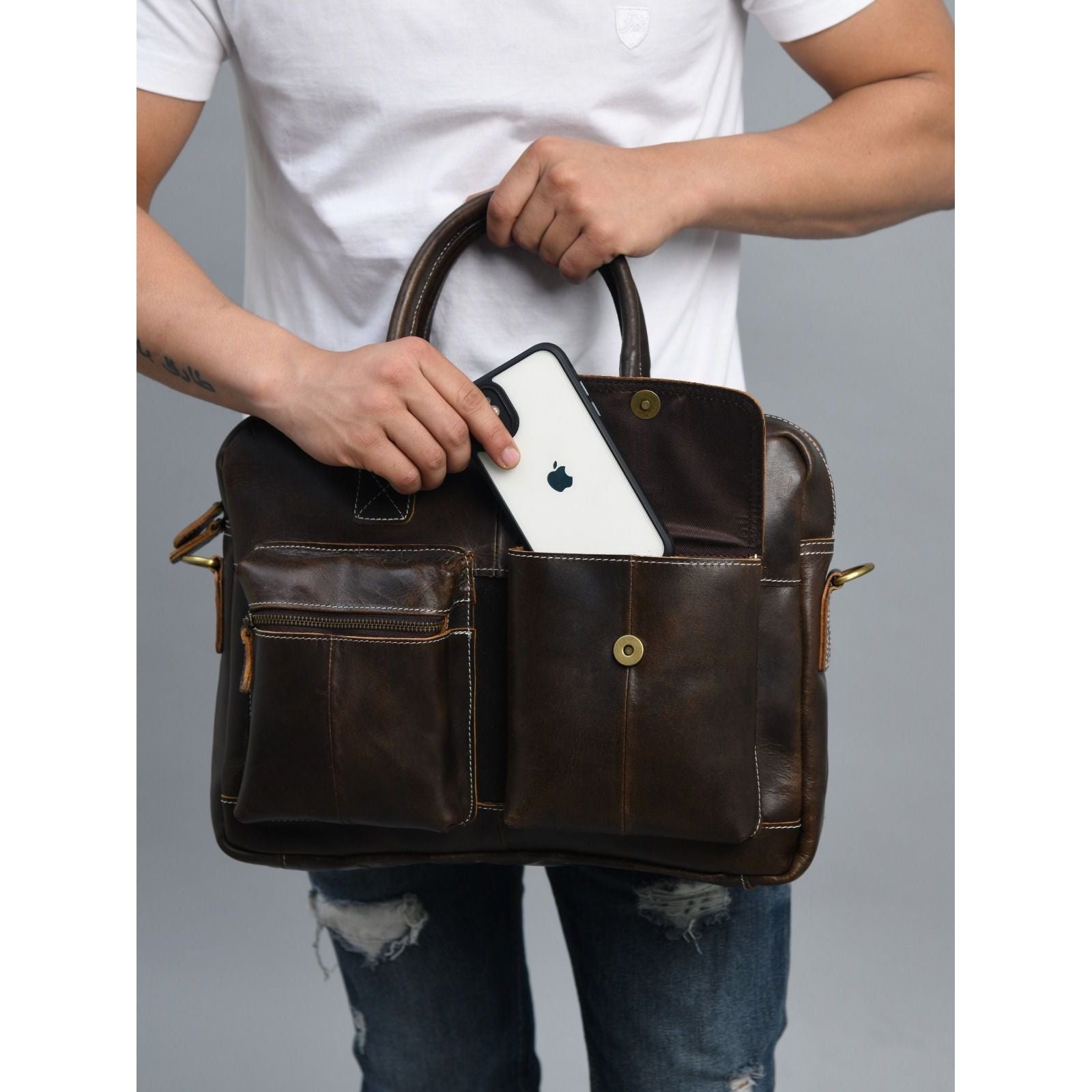 Genuine Leather Cowhide Leather Satchel Laptop Bag - VintageVilla.co.nz