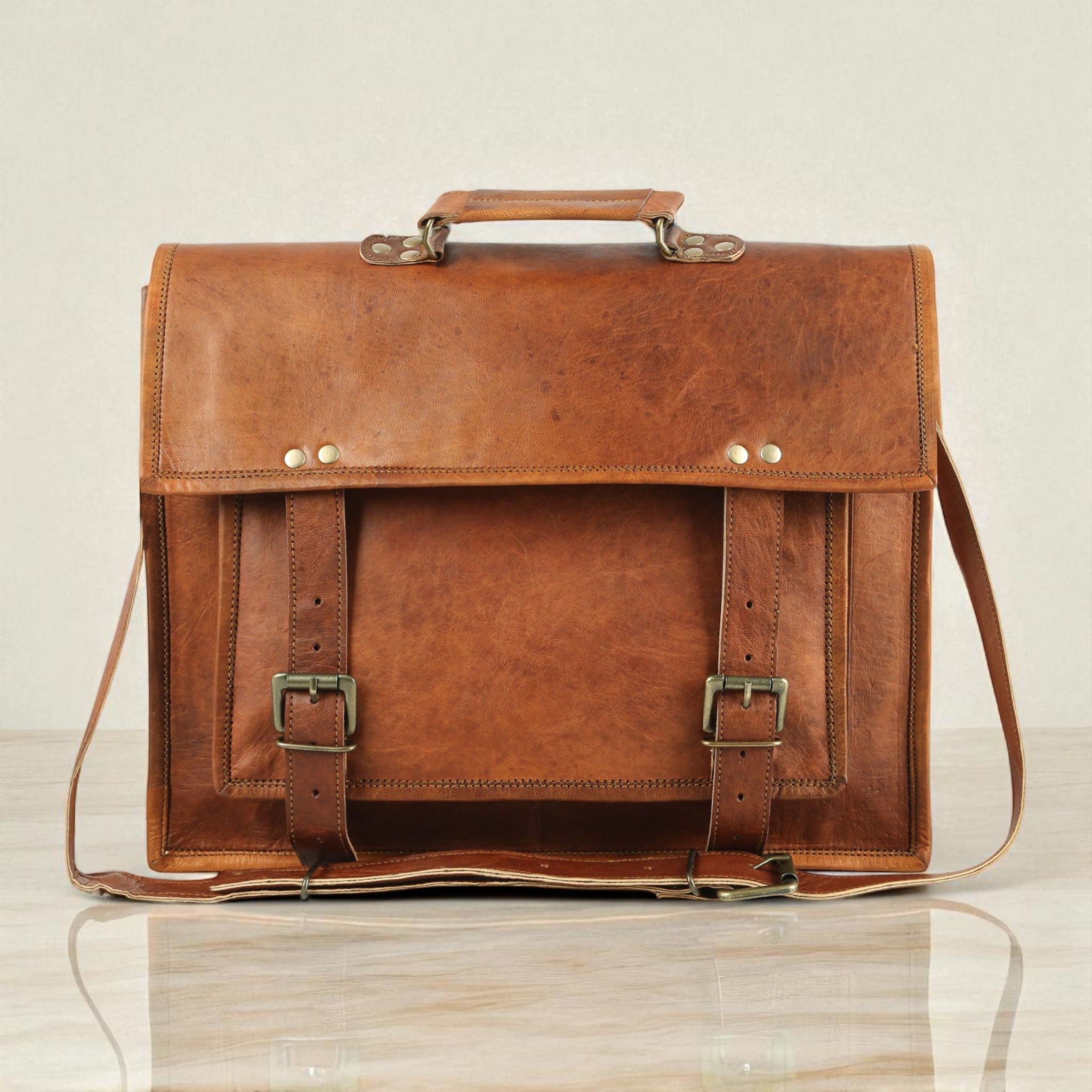 Full Grain Leather Laptop Satchel Messenger Bag + FREE Leather Pouch ...